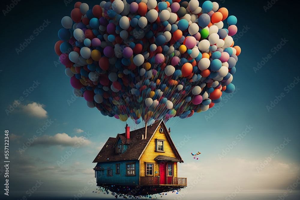 flying house, colorful balloons tied to the flying house. Generative AI ...