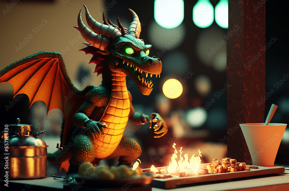 Hungry and angry dragon making food on the hotel for customer with fire ...