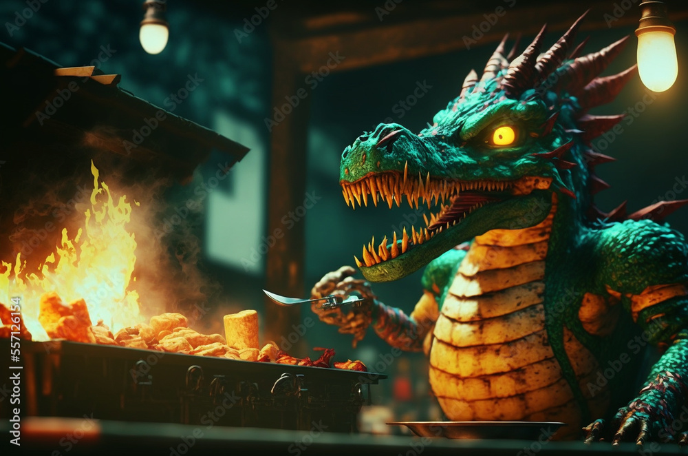 Hungry and angry dragon making food on the hotel for customer with fire ...