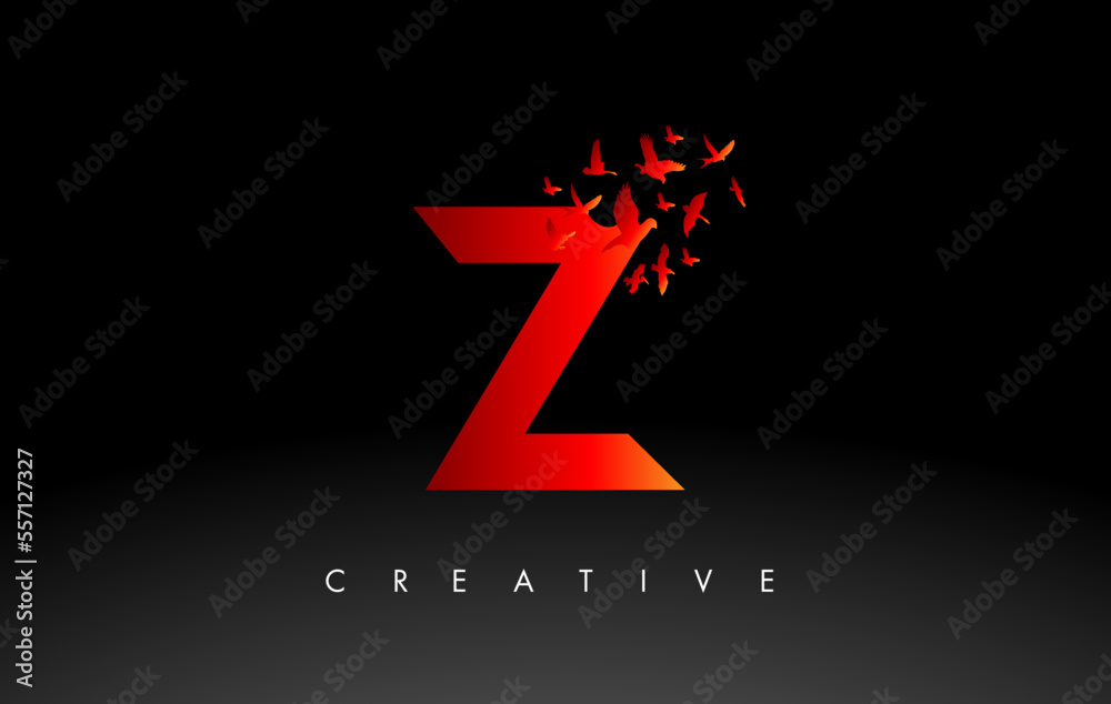 Red Z Logo Letter with Flock of Birds Flying and Disintegrating from ...
