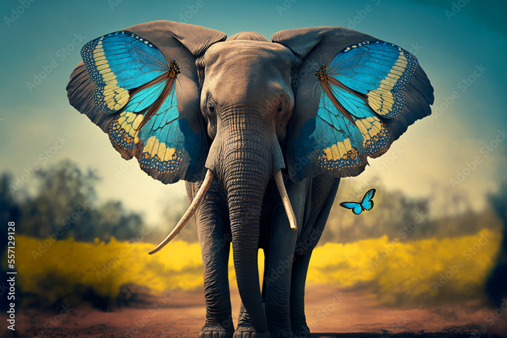 elephant with butterfly’s wings, huge colored wings. Generative AI ...