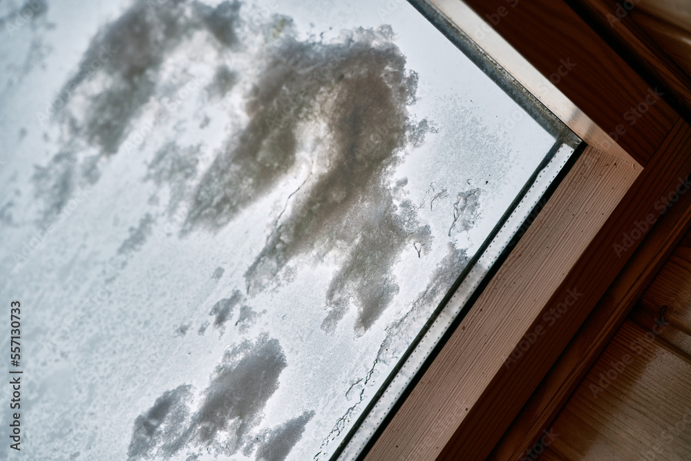 Frozen condensation on the interior window glass. Iced steam and dew on ...