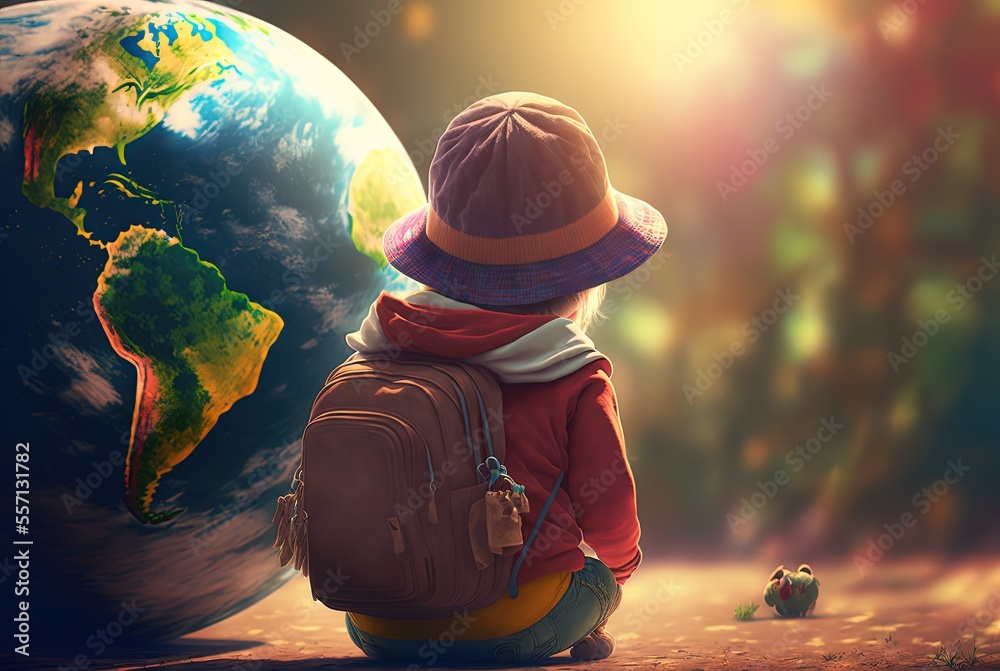 illustration of cute kid boy or girl with big earth planet balloon ...