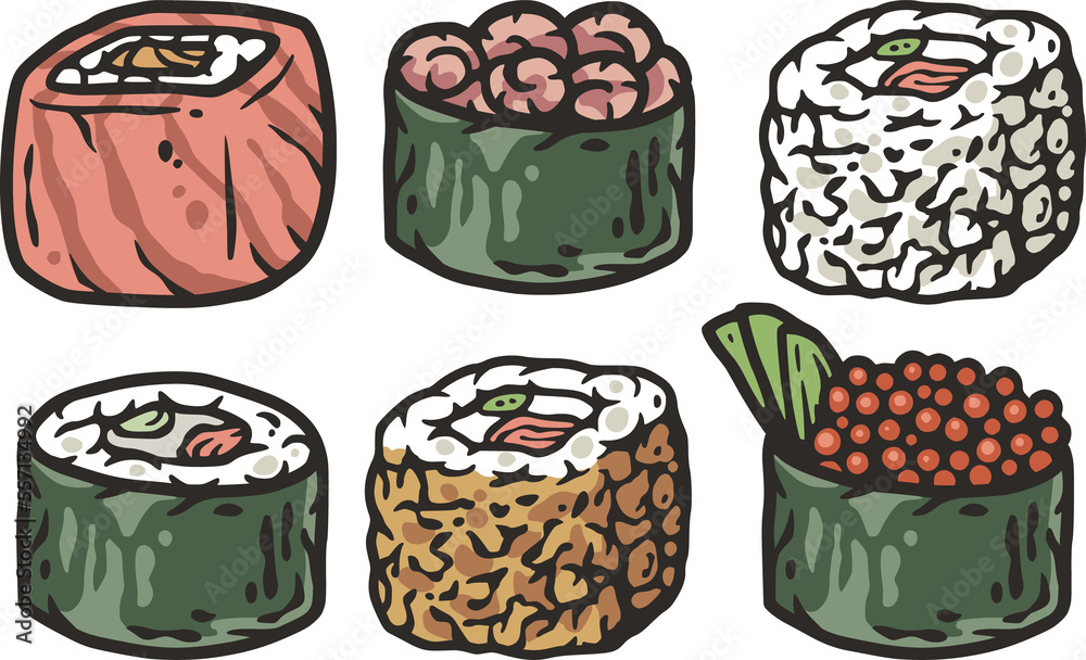 sushi, food, fish, asian food, seafood, salmon, shrimp, illustration ...