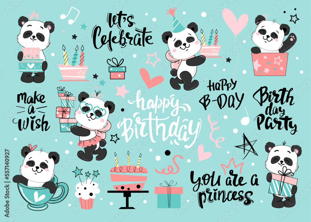 Draw cute baby pandas, cake and gift box in kawaii doodle style big ...
