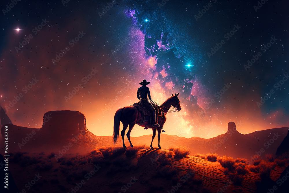 Western Cowboy riding his horse at night under the milky way galaxy ...