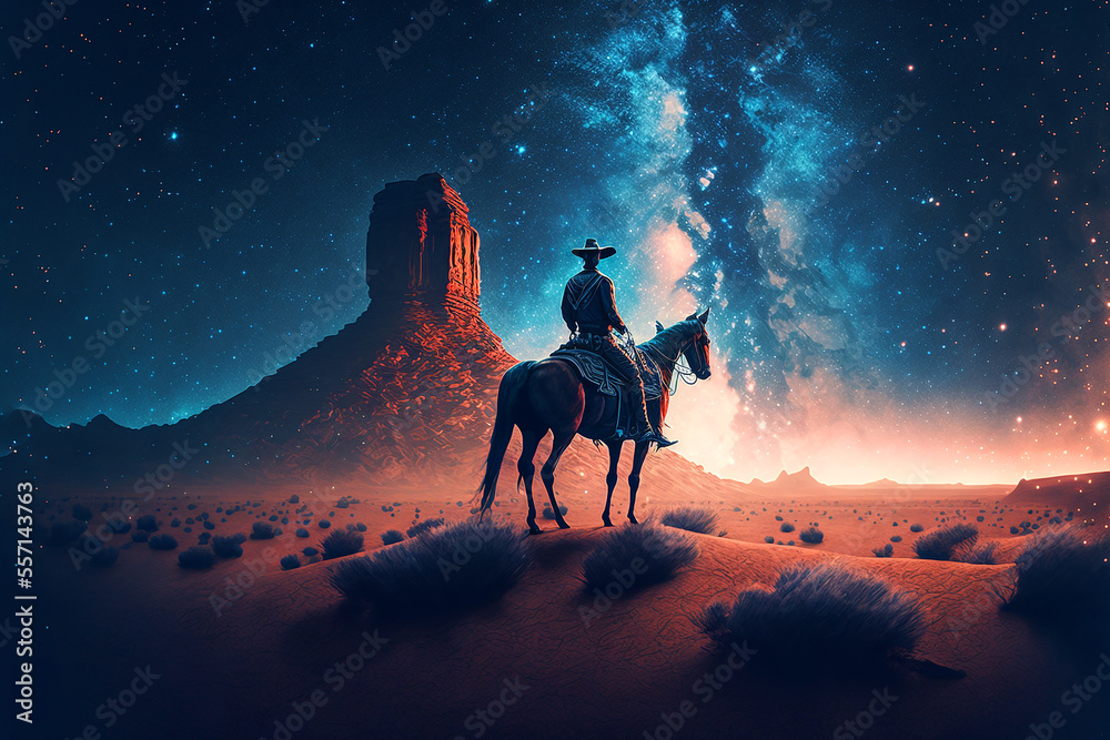 Western Cowboy riding his horse at night under the milky way galaxy ...