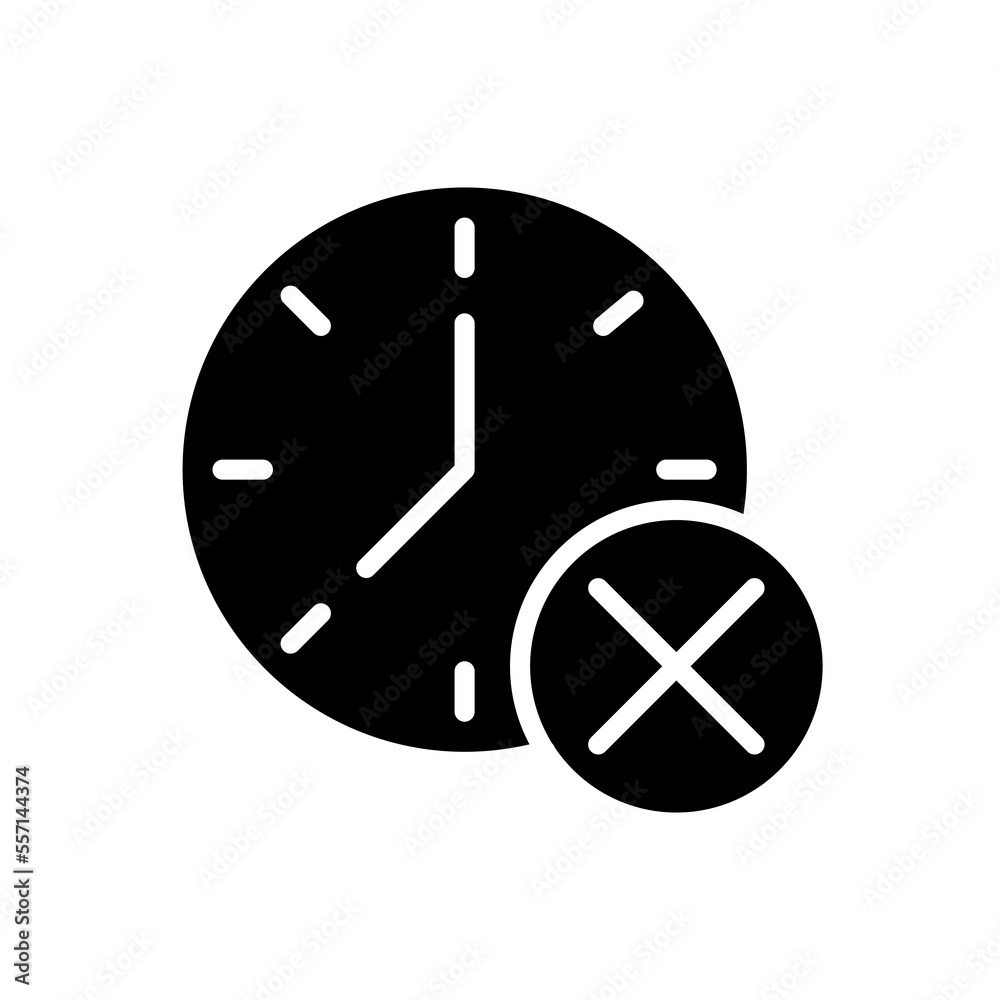 Clock with cross mark black glyph icon. Digital watch with x sign ...