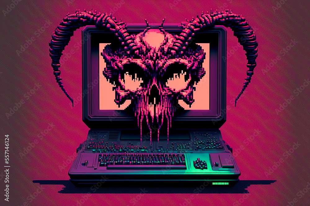 Scull of computer demon virus screaming inside of the monitor. Digital ...