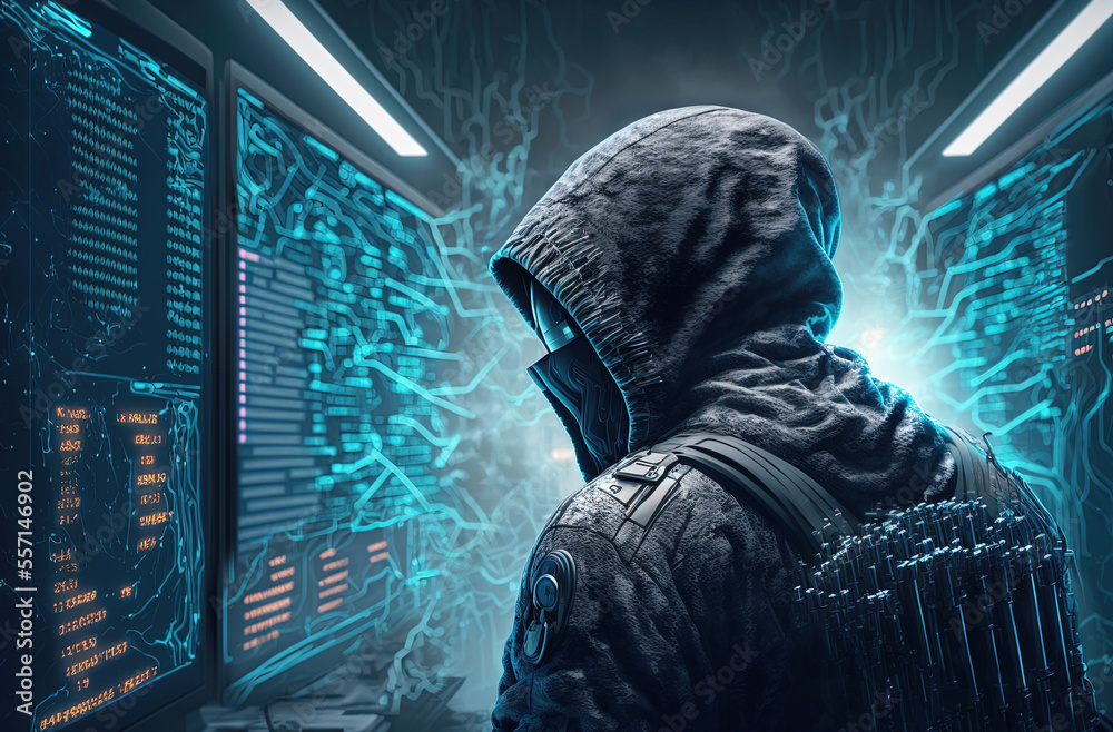 Anonymous hacker with hood and mask steals data inside data center ...
