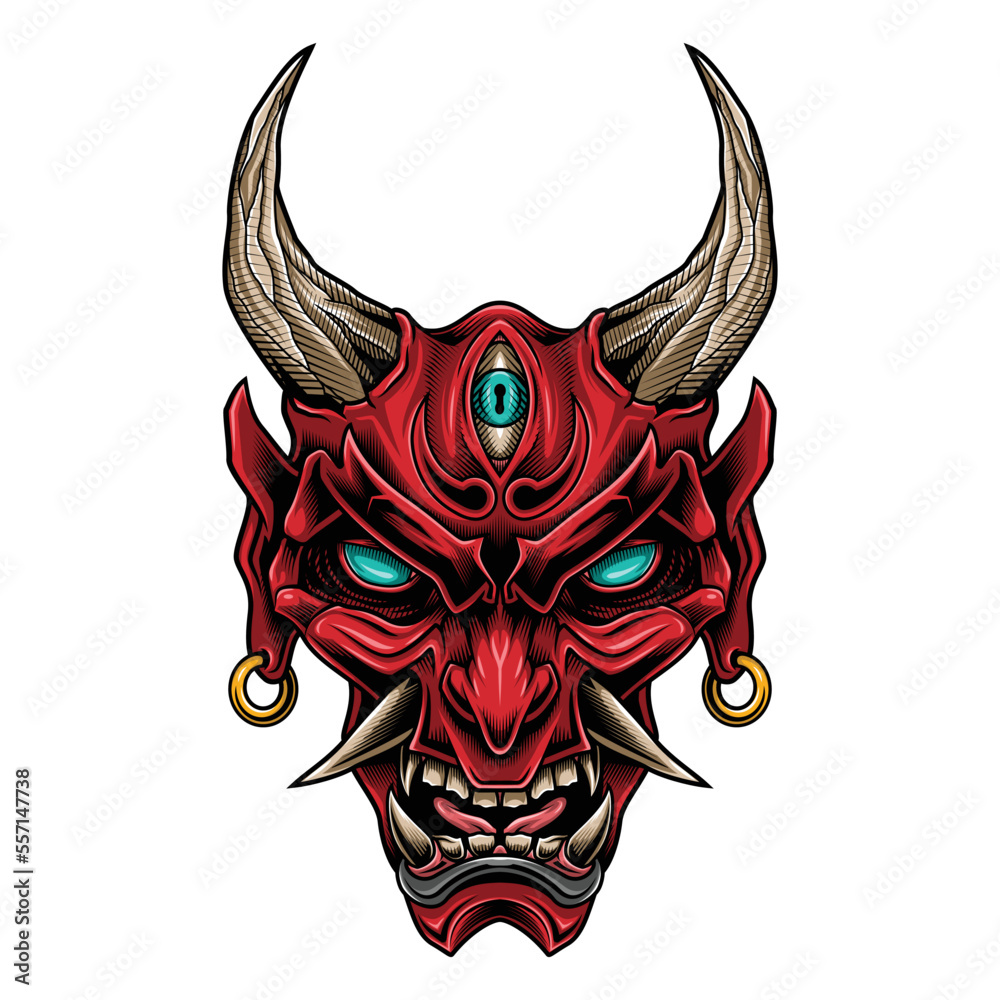 Red Oni mask. Vector illustration in engraving technique of horned ...