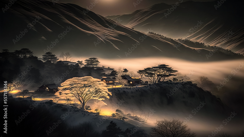 Misty Foggy mountain forest landscape at night. Mystical moment at ...