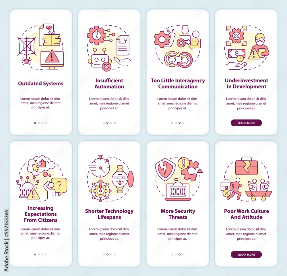 Public Sector Issues And Challenges Onboarding Mobile App Screen Set Walkthrough 4 Steps