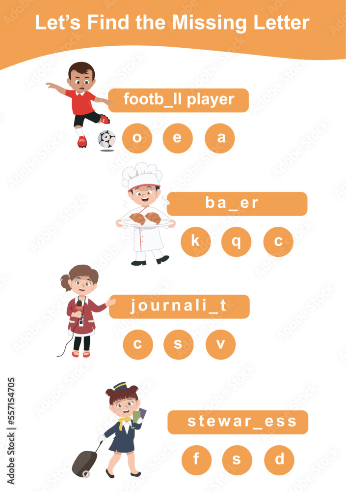 Missing letter worksheet with kids’ dream profession. Educational ...