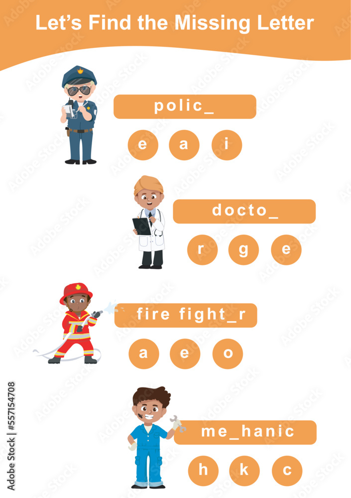 Missing letter worksheet with kids’ dream profession. Educational ...