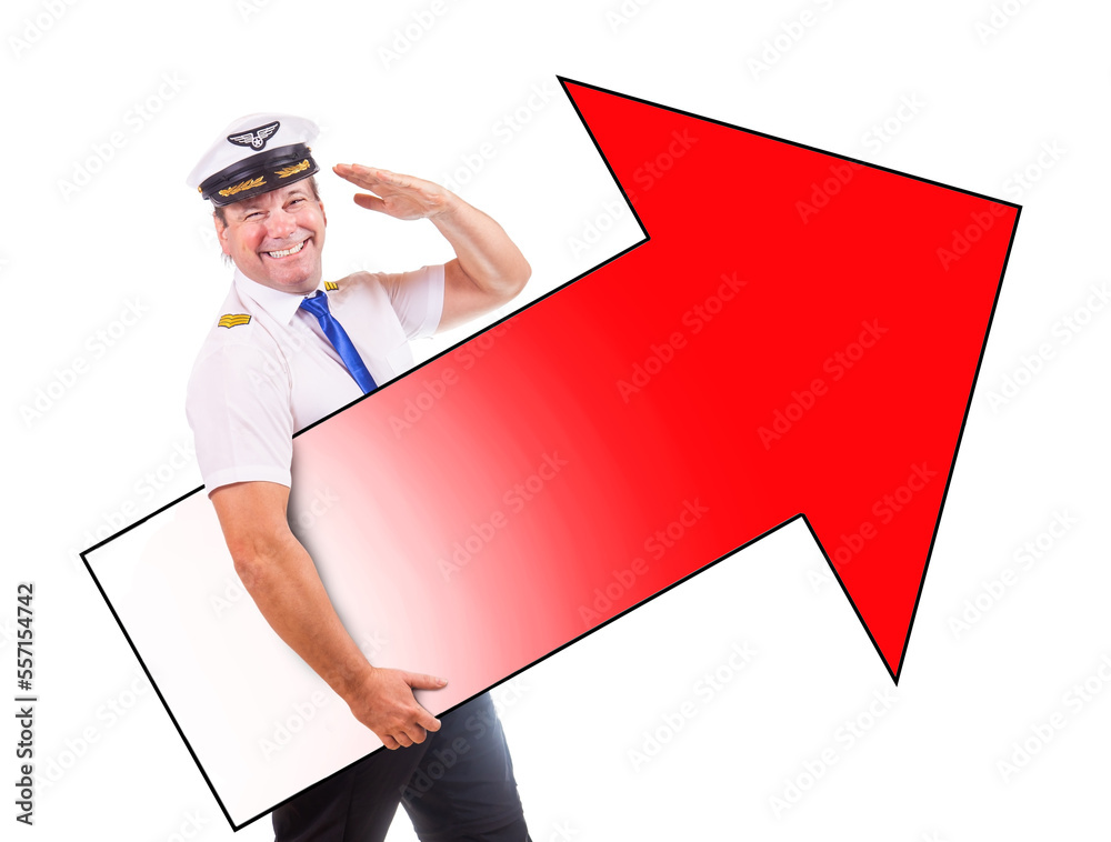 A cheerful pilot hold symbol of direction for way and salute with his ...
