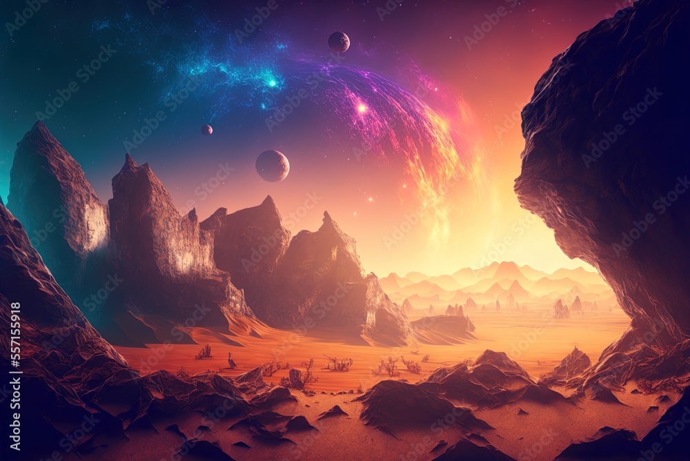 Fantastical valley of rocks, a star, and a sun in a sci-fi setting ...