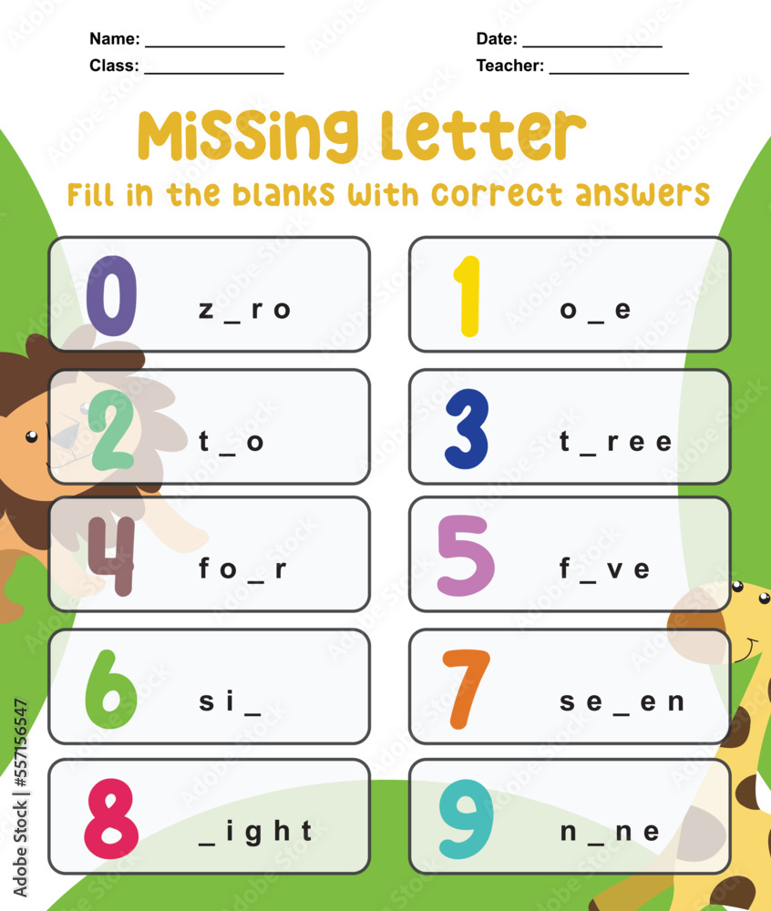 Missing letter worksheet. Complete the letter for number in English ...