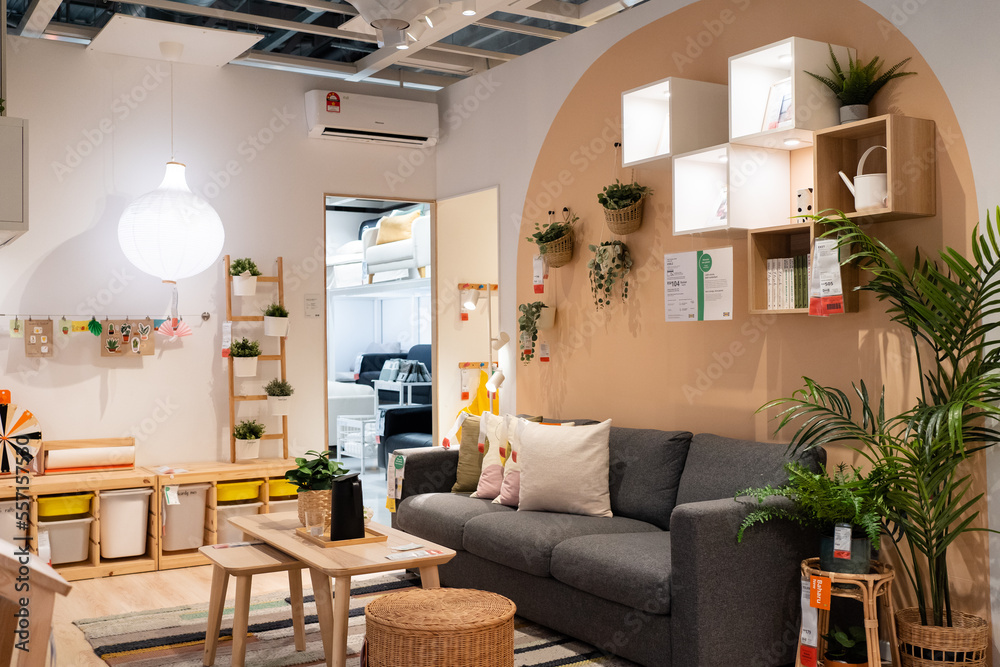 PENANG, MALAYSIA - AUG 04, 2022: IKEA wooden style living room interior display in IKEA showroom ...