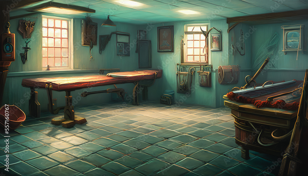 Sterile and clinical autopsy room, with its bright white tiles and ...