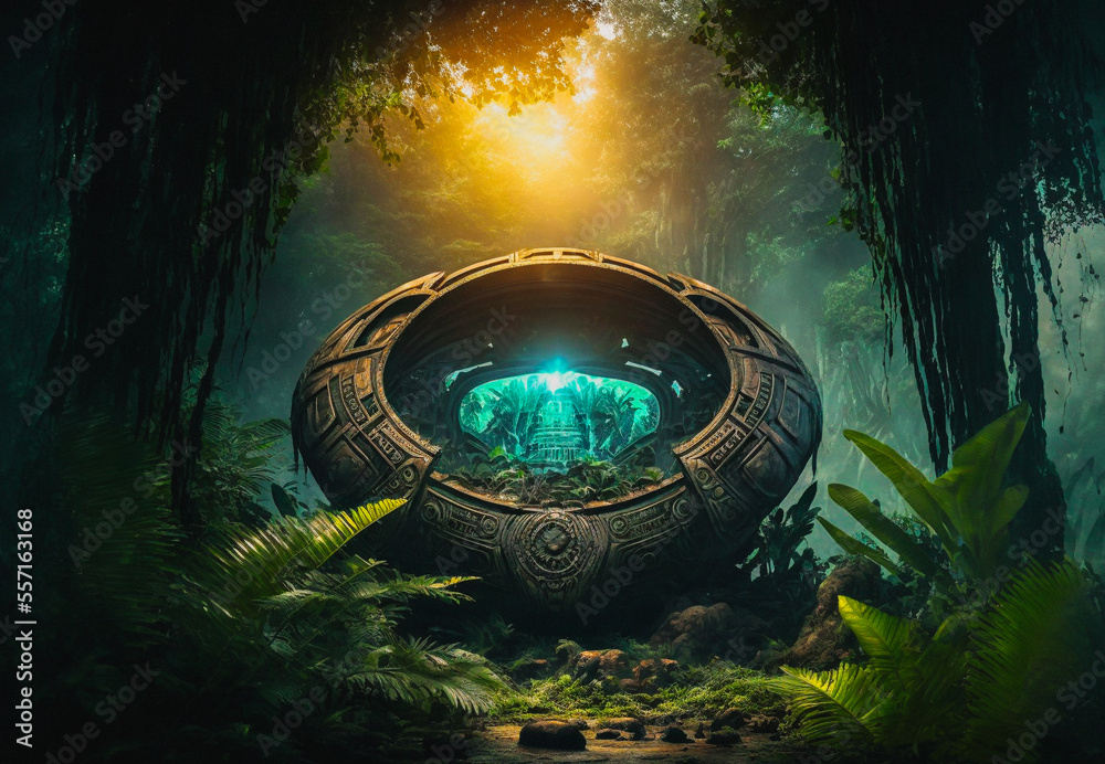 Ancient or alien vessel object floating in a tropical rainforest ...