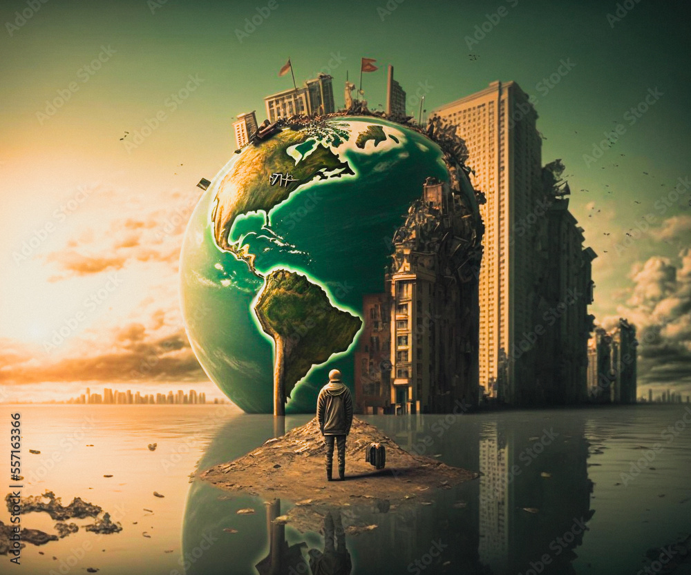 Earth being eaten by buildings in a desert environment Stock ...