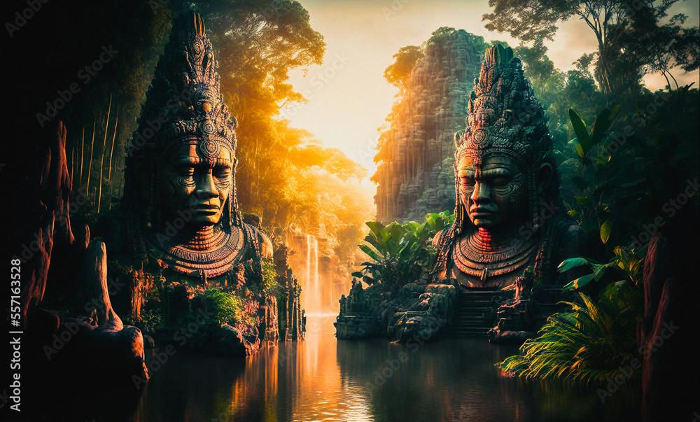 Giant aztec or maya guardian statues next to a waterfall and a river in ...