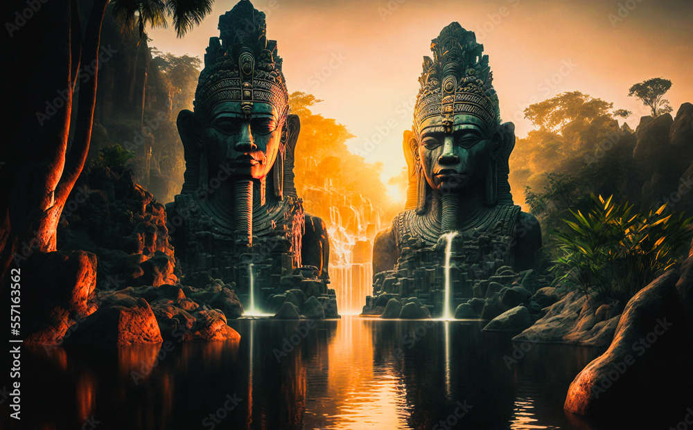 Giant aztec or maya guardian statues next to a waterfall and a river in ...