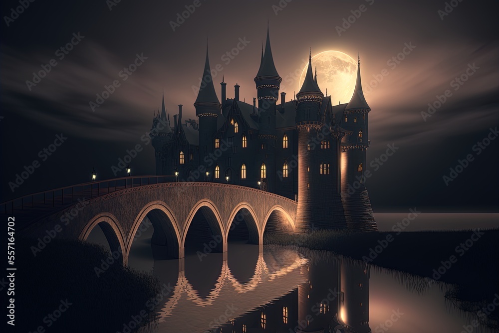 Fantasy castle hidden at nightfall behind a bridge across a murky river ...