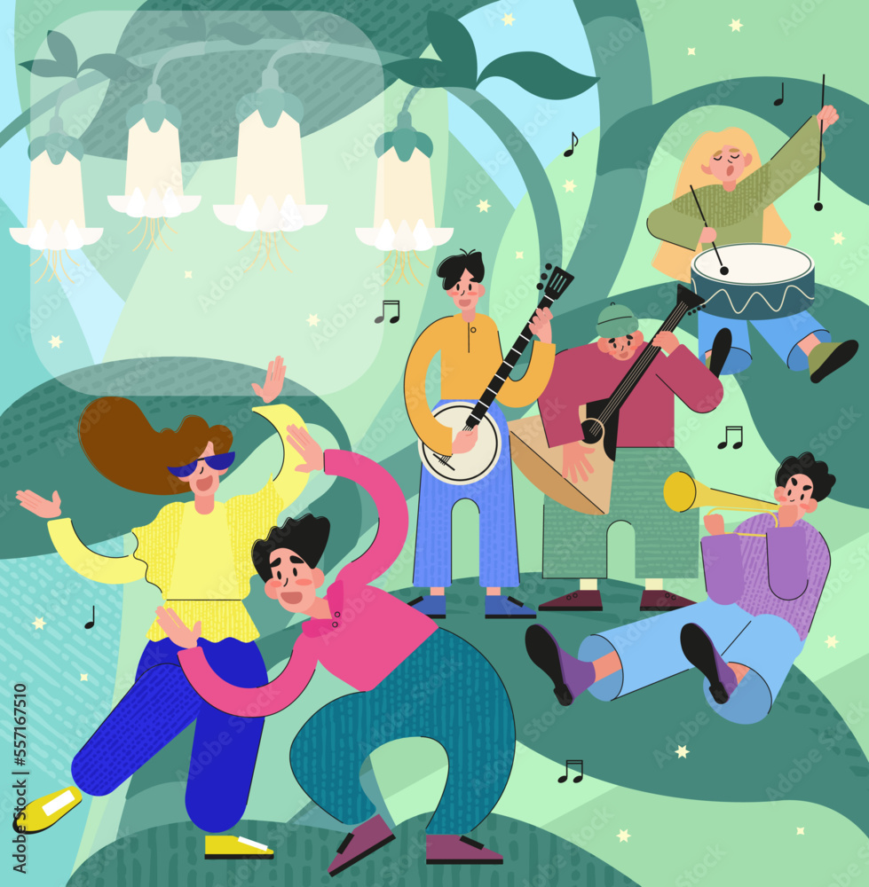 Vector illustration, cheerful musicians play musical instruments and ...