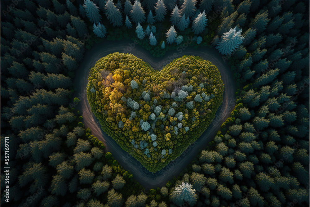 trees forming a symbolic heart in the forest created with generative ai ...