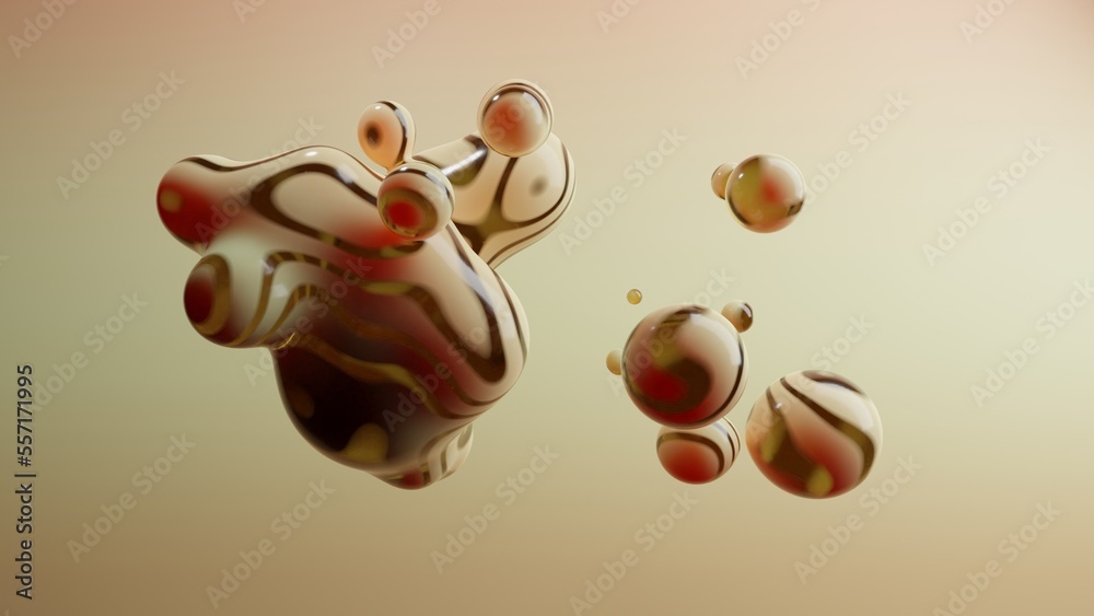3d rendering of multiple droplets in zero gravity. Drops with bends and ...