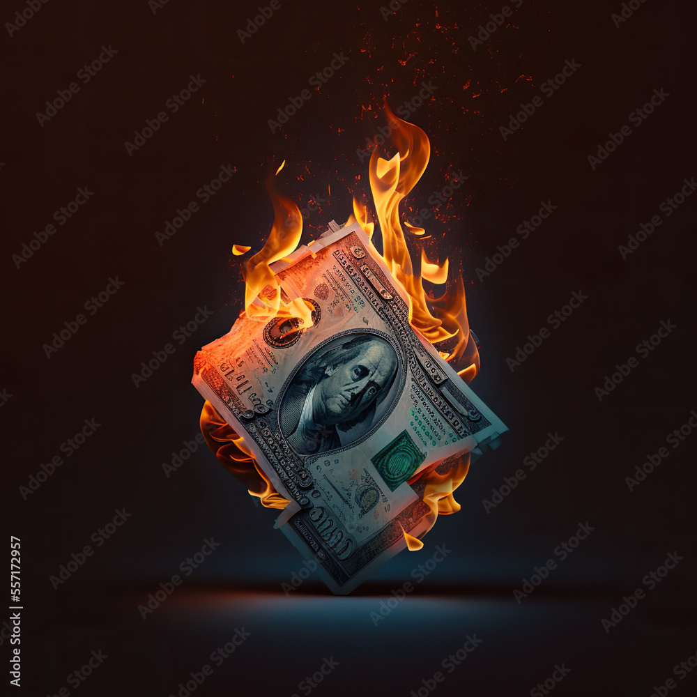 money burning in fire. Inflation concept due to price rising ...