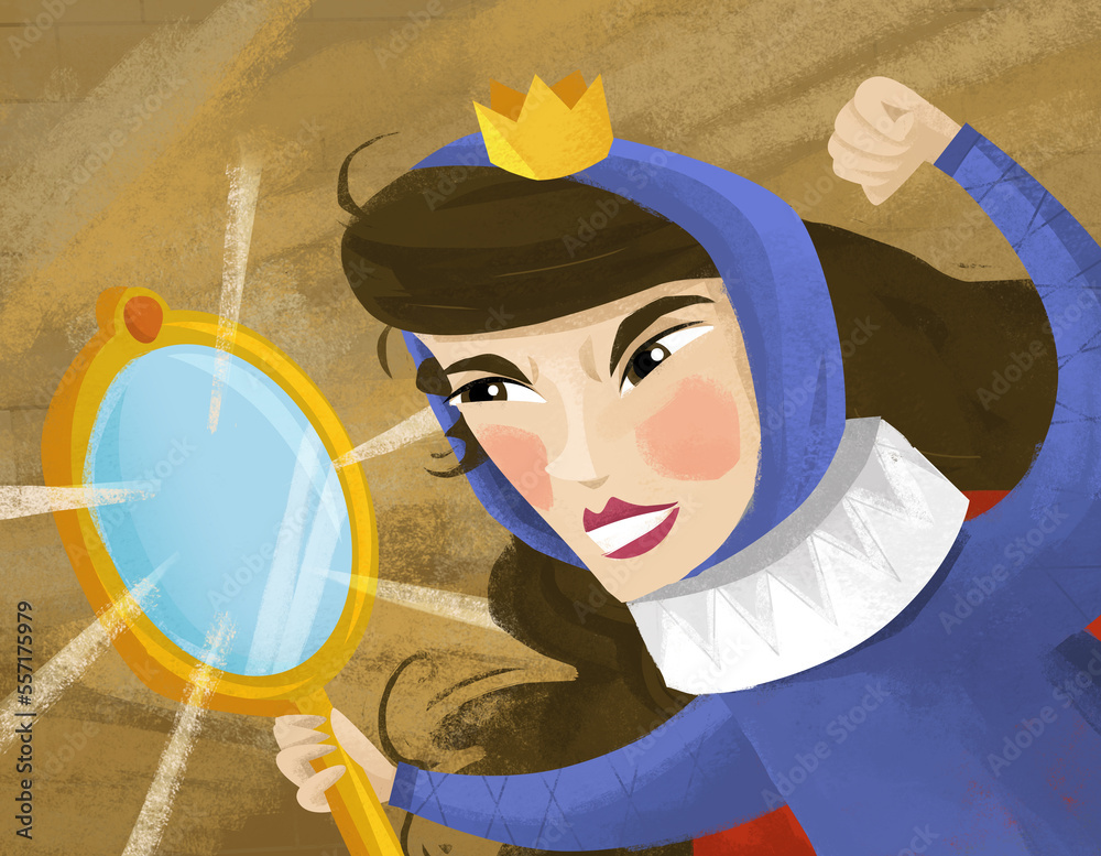 cartoon queen or princess looking in mirror Stock Illustration | Adobe ...