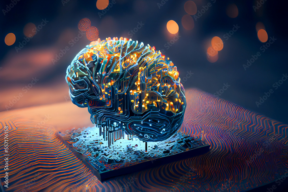 Concept of artificial intelligence. Human brain connected to electronic ...