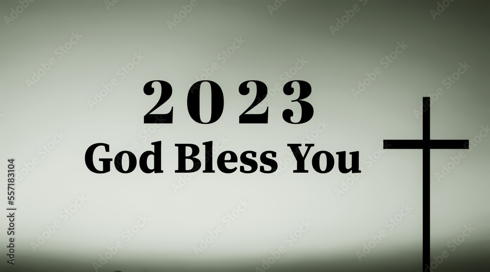 ภาพประกอบสต็อก 2023 New year and god bless you greetings with jesus cross symbol on light ...