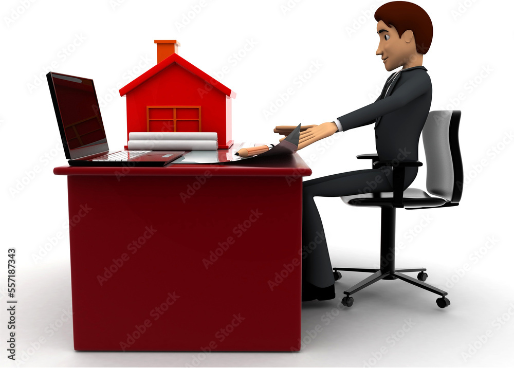 3d man making home plan on laptop with small model of house on talbe ...