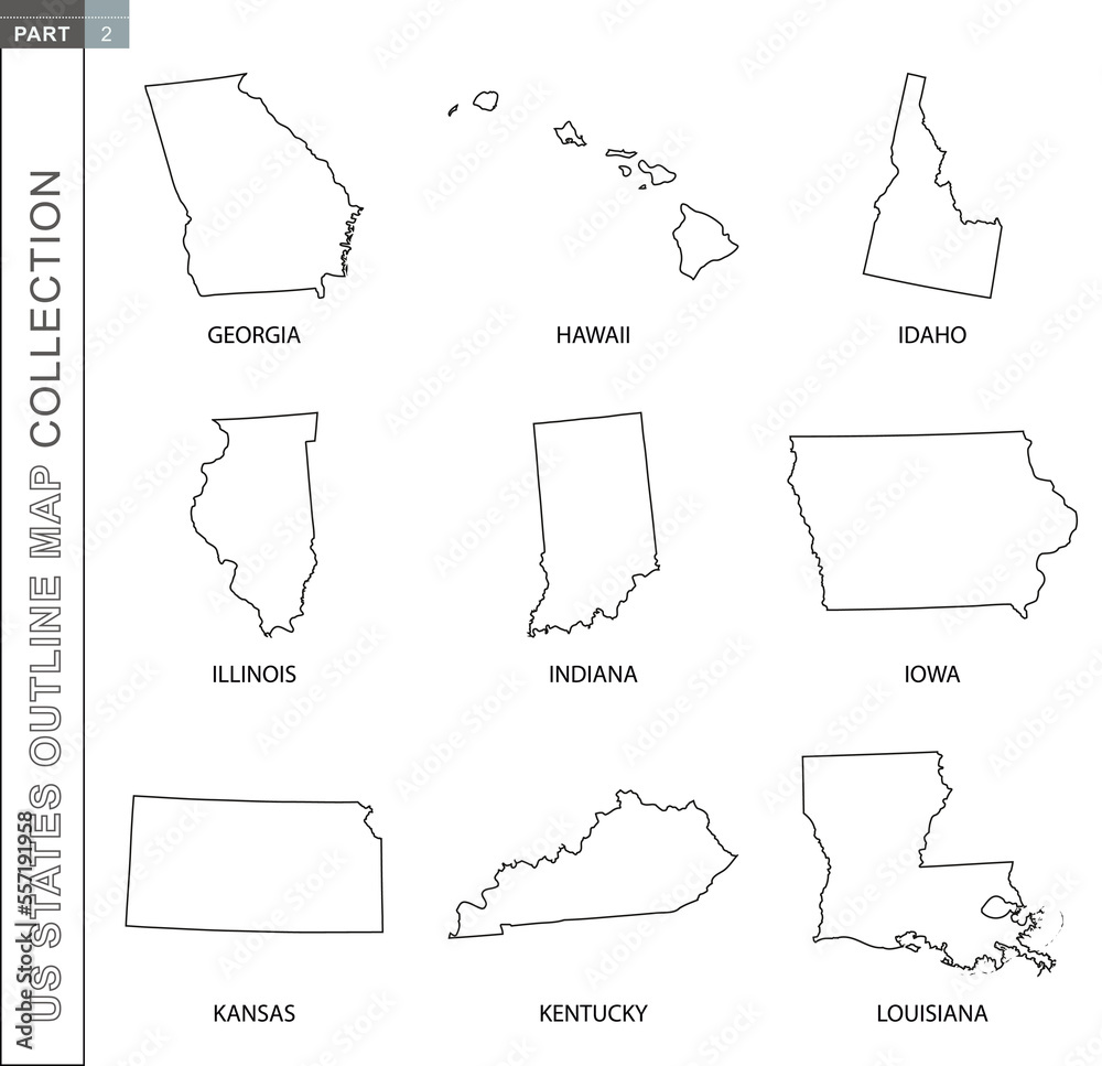 Outline maps of US states collection, nine black lined vector map Stock ...