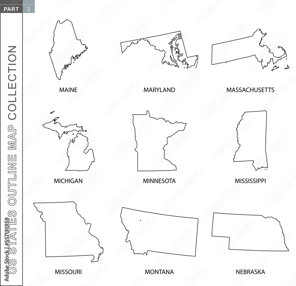 Outline maps of US states collection, nine black lined vector map Stock ...