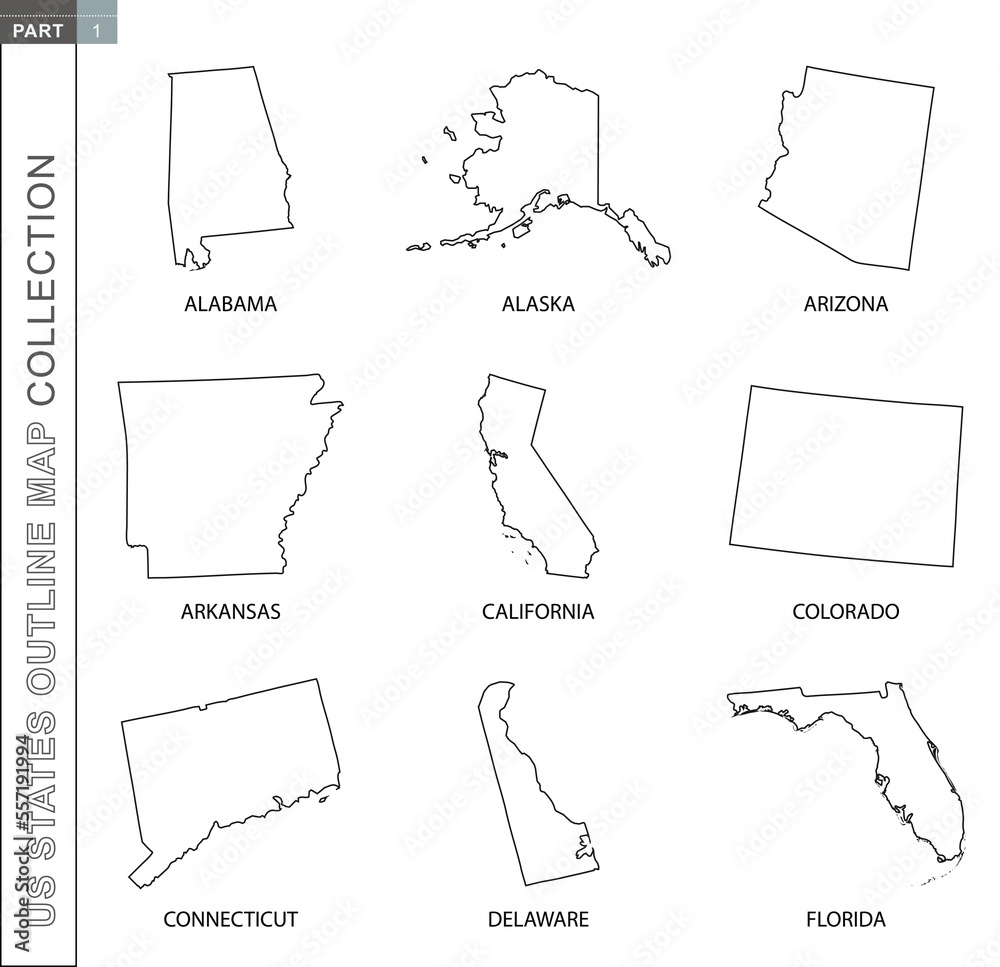 Outline maps of US states collection, nine black lined vector map Stock ...