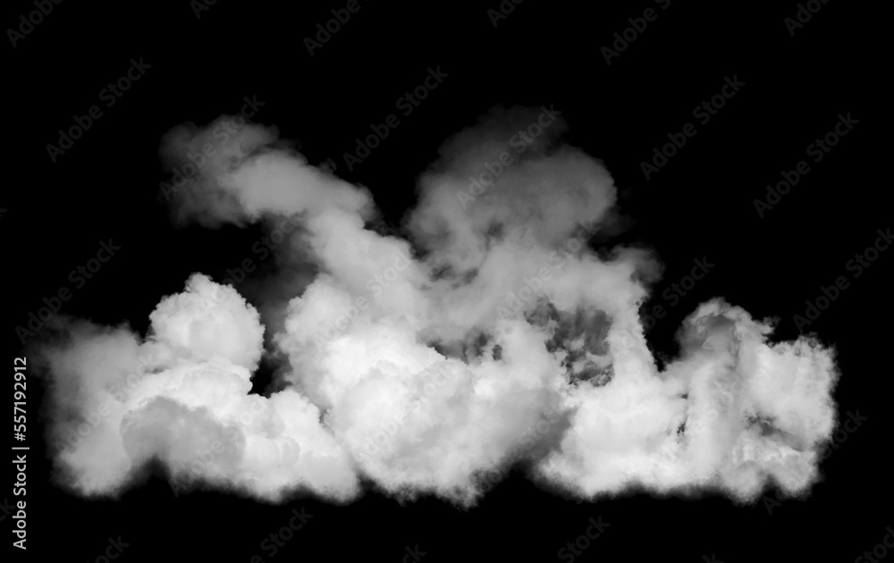 Abstract white puffs of smoke swirls overlay on black background ...