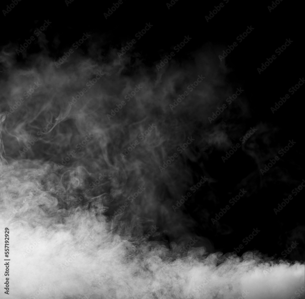 Abstract white puffs of smoke swirls overlay on black background ...