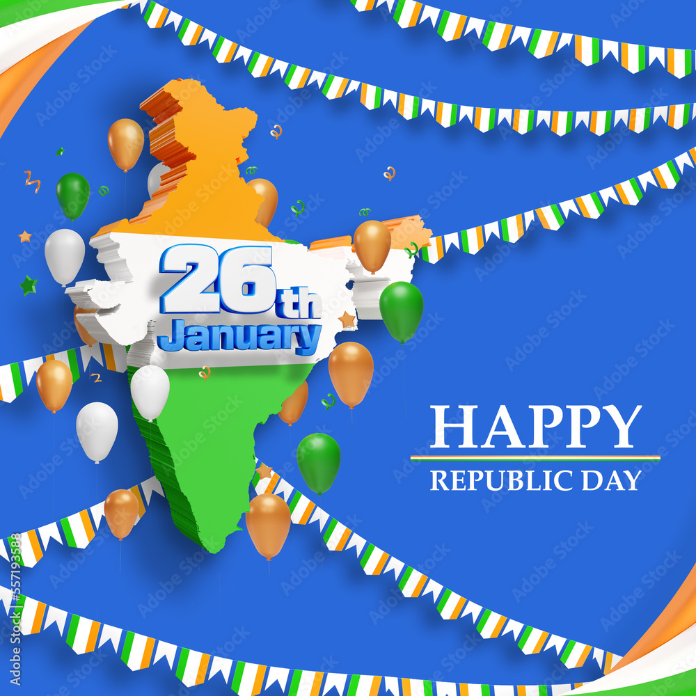 Indian republic day background with tricolor map and balloons 3d style ...