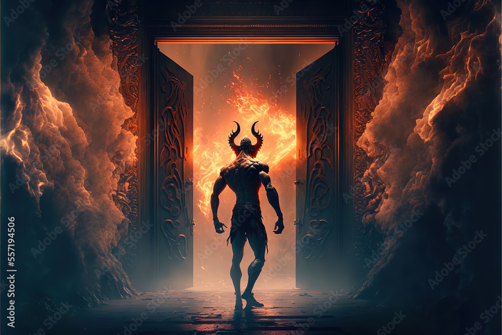 the satan standing front of the gates of hell with flames and fire and ...