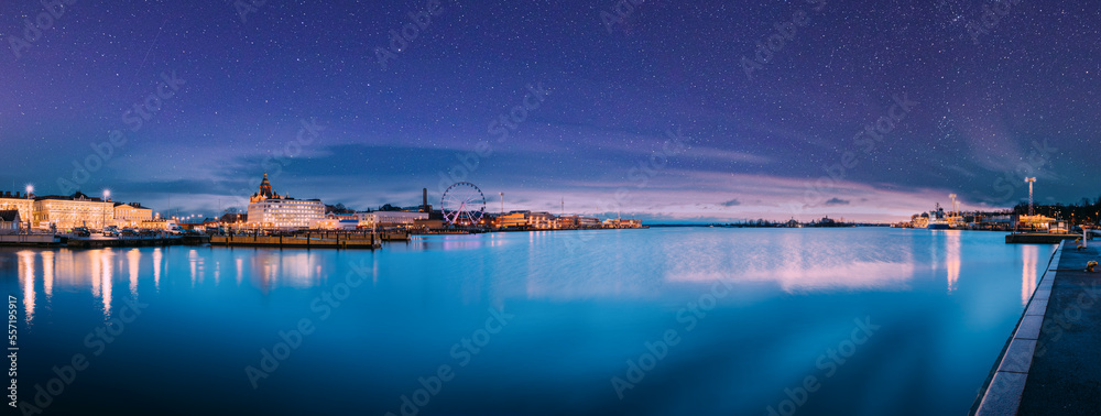 Helsinki, Finland. Light Blue Dramatic Sky With Shining Stars. View Of ...