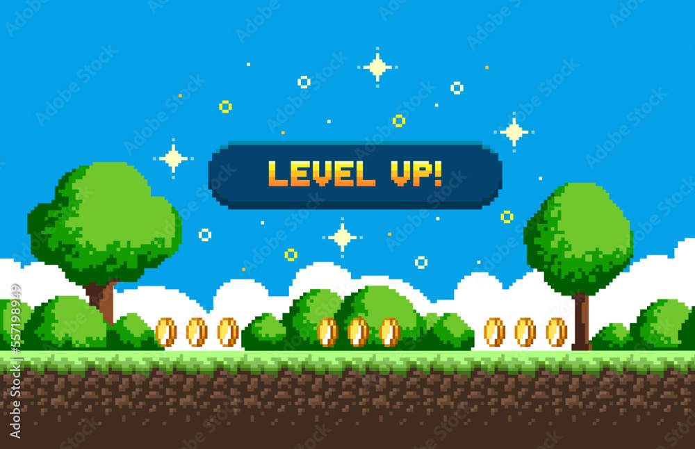 Pixel art game background with button level up. Game design concept in ... Pixel art game background with button level up. Game design concept in ...