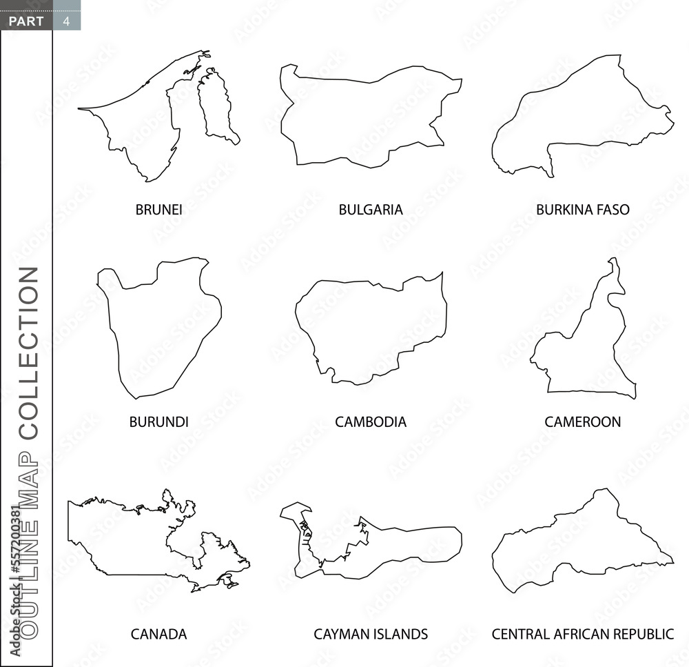 Outline maps collection, nine black lined vector map Stock Vector ...