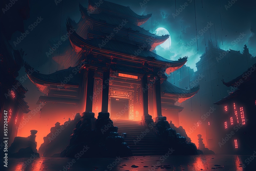 4k wallpaper of a cyberpunk temple with an abstract Japanese depiction ...