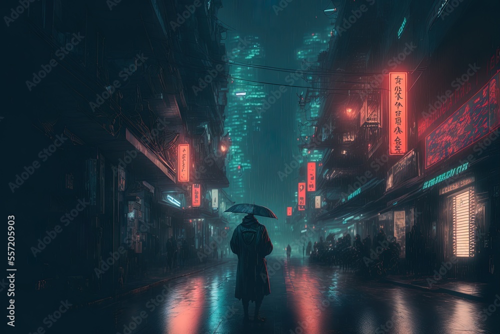 Japanese streetscape in a cyberpunk style, nighttime dystopian art ...