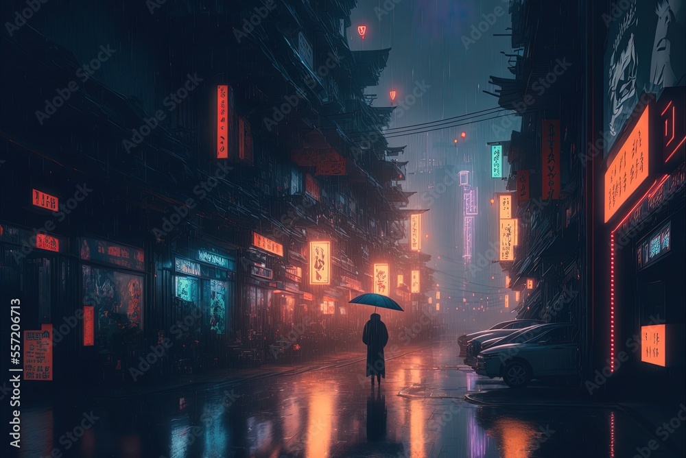 Nighttime dystopian art in the style of cyberpunk wandering through a ...